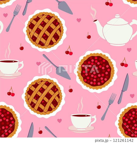 Seamless pattern with cherry pies, mugs,...のイラスト素材 [121261142] - PIXTA