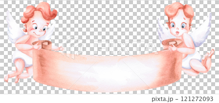 Two angels holding a vertically unrolled... - Stock Illustration ...