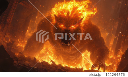 fierce demon with fiery mane and sharp claws...のイラスト素材 [121294876] - PIXTA