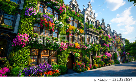 Lush Flower-Covered Building Frontage in Bright...のイラスト素材 [121358654 ...
