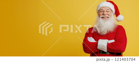 Santa claus crossing arms and smiling on yellow...のイラスト素材 [121403784 ...