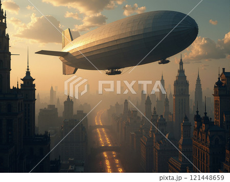 A majestic zeppelin is gracefully flying over a...のイラスト素材 [121448659 ...