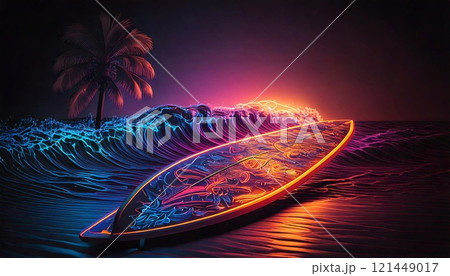 A vibrant surfboard glows with neon colors as...のイラスト素材 [121449017] - PIXTA