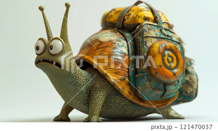 Snail with a cracked shell carries a backpack...のイラスト素材 [121470037] - PIXTA