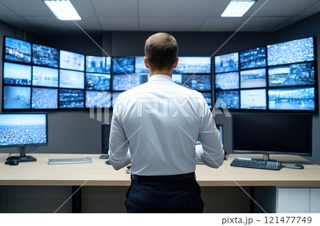 Security Guard Checking CCTV Feeds in Stadium...のイラスト素材 [121477749] - PIXTA
