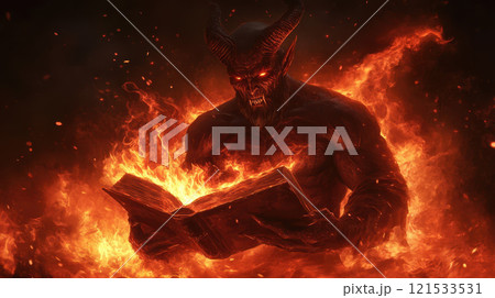demonic sorcerer conjuring flames from mystical...のイラスト素材 [121533531 ...