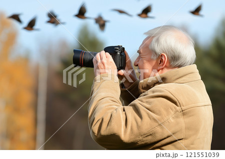 Elderly man capturing images of birds in a...のイラスト素材 [121551039] - PIXTA