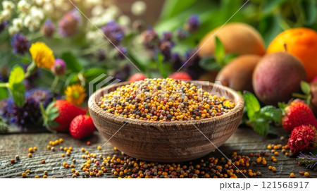 Vibrant bee pollen in clay bowl, paired with...のイラスト素材 [121568917] - PIXTA