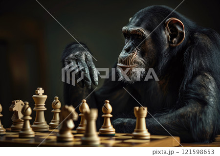 A monkey thinking his move on chess board. An...のイラスト素材 [121598653] - PIXTA