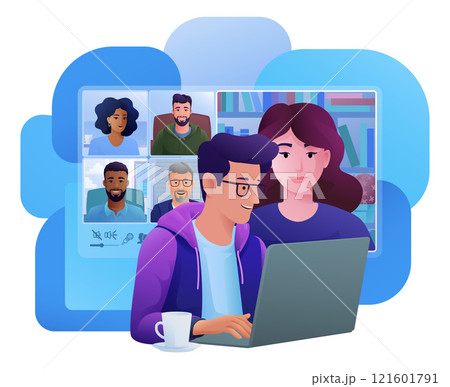 Man Video Conference Call Team Meeting Cartoonのイラスト素材 [121601791] - PIXTA