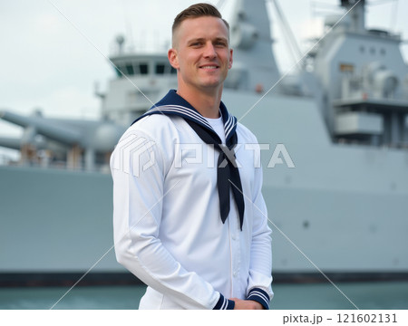 Navy sailor poses confidently near a naval ship...のイラスト素材 [121602131 ...