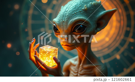 Unique alien creature holds glowing cube in...のイラスト素材 [121602661] - PIXTA