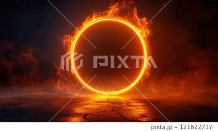 Glowing neon flame creates circular pattern on...のイラスト素材 [121622717 ...