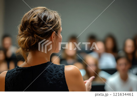 A woman stands facing a audience, her back to...のイラスト素材 [121634461] - PIXTA