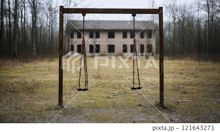 Rusty swing set standing in front of abandoned...のイラスト素材 [121643271 ...