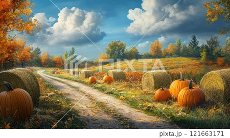 Idyllic autumn scene dirt road, hay bales,...のイラスト素材 [121663171] - PIXTA