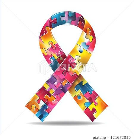 A colorful puzzle piece ribbon, set against an...のイラスト素材 [121672836 ...