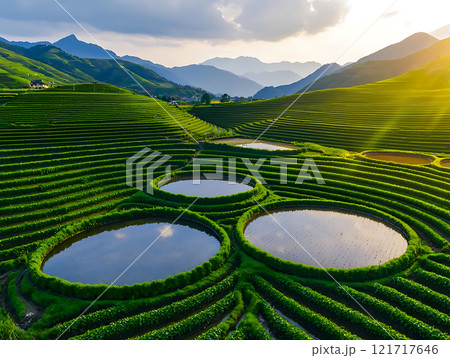 Aerial view of terraced rice fields with water...のイラスト素材 [121717646 ...