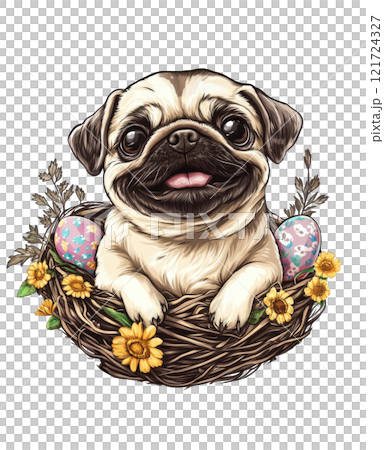 drawing Pug in a nest with Easter eggs and flowersのイラスト素材 [121724327 ...