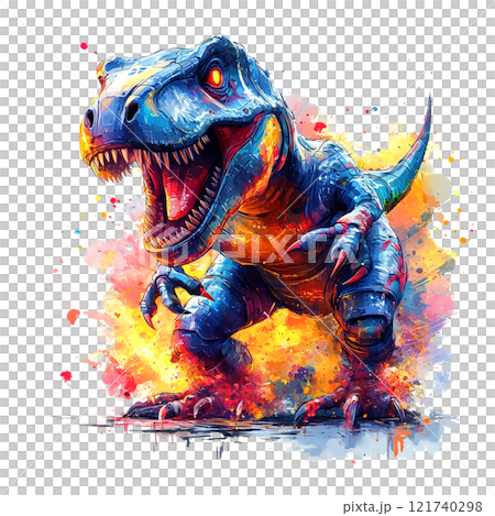 A vibrant, colorful T-Rex dinosaur in a dynamic...のイラスト素材 [121740298 ...