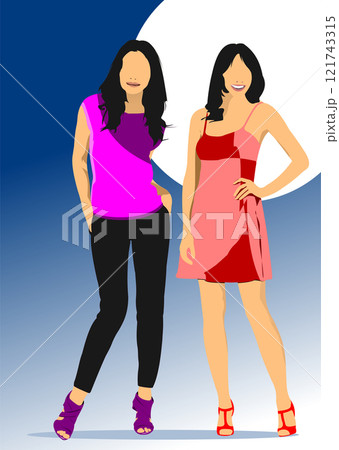 Two fashion models posing on blue backgroundのイラスト素材 [121743315] - PIXTA