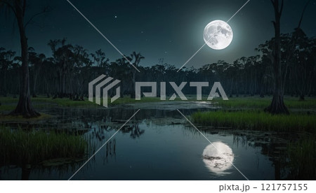 Moon illuminating a swamp at night.のイラスト素材 [121757155] - PIXTA