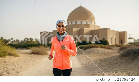 Female runner in hijab jogging near iconic...のイラスト素材 [121765424] - PIXTA