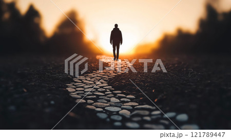 Man walking on cobblestone path towards sunset,...のイラスト素材 [121789447] - PIXTA