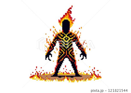 Fire hero with blazing armor in a dynamic pose...のイラスト素材 [121821544 ...