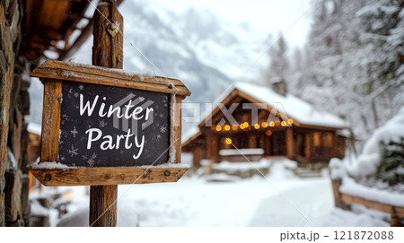 "Winter Party" sign in snowy landscape with...のイラスト素材 [121872088] - PIXTA