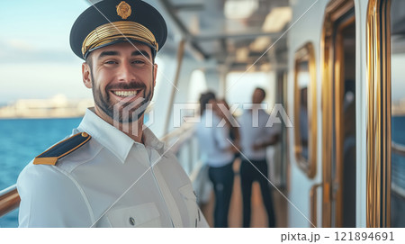Smiling ferry captain stand on deck warmly...のイラスト素材 [121894691] - PIXTA