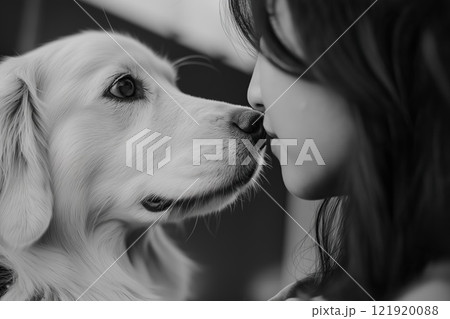 Beautiful girl kissing her dog. Black and white...のイラスト素材 [121920088 ...