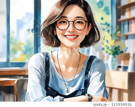 水彩風 眼鏡をかけた笑顔の20代女性のイラスト素材 [121934016] - PIXTA