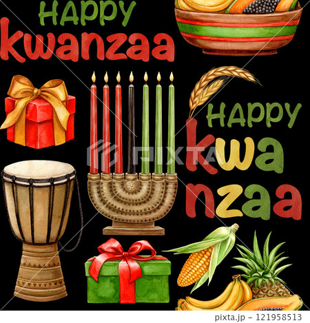 Happy Kwanzaa seamless pattern of African drum,...のイラスト素材 [121958513 ...