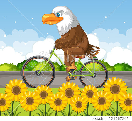 Eagle Riding a Bicycle Through Sunflowersのイラスト素材 [121967245] - PIXTA