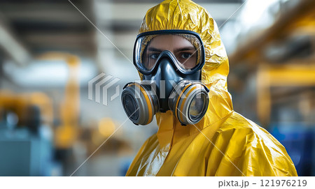 Man in yellow rain suit and gas mask standing...のイラスト素材 [121976219] - PIXTA