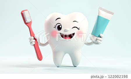 A cute, winking cartoon tooth character holding...のイラスト素材 [122002198 ...