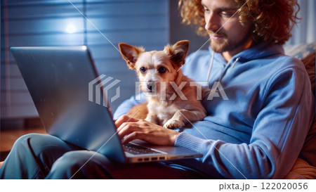 Man Working on Laptop with Small Dog on His Lap...のイラスト素材 [122020056 ...