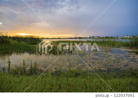 Evening landscape over lake water in southern...の写真素材 [122037091] - PIXTA