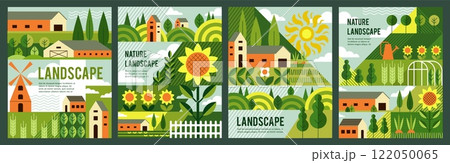 Nature garden pattern. House farm, geometry...のイラスト素材 [122050065] - PIXTA