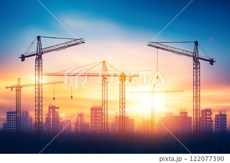Sunset Over Construction Site with Cranes,...のイラスト素材 [122077390] - PIXTA