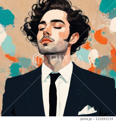 Young man with curly hair in formal attire,...のイラスト素材 [122093234] - PIXTA