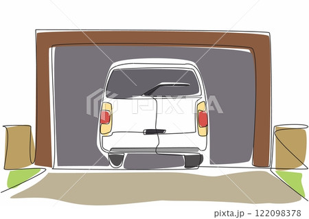 Single continuous line drawing car garage seen...のイラスト素材 [122098378 ...