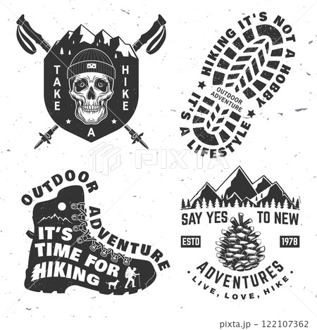 Set of hiking outdoor adventure emblems. Hiking...のイラスト素材 [122107362 ...