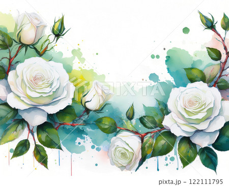 White wild roses with green leaves,のイラスト素材 [122111795] - PIXTA