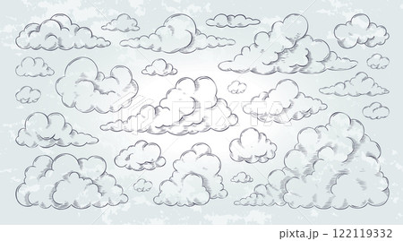 Vintage cloud. Sky sketch, hand draw black and...のイラスト素材 [122119332 ...