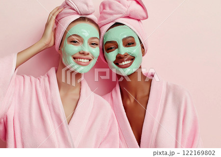 Two diverse women with green facial masks relax...のイラスト素材 [122169802 ...
