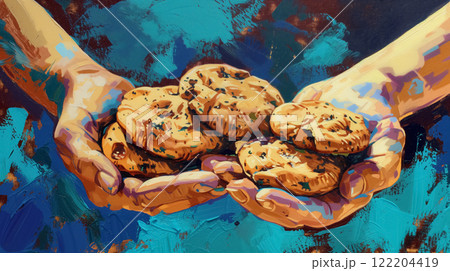 Hands offering cookies against an artistic...のイラスト素材 [122204419] - PIXTA
