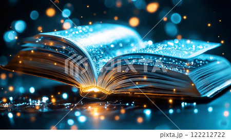 glowing open book with sparkling lights creates...のイラスト素材 [122212722 ...