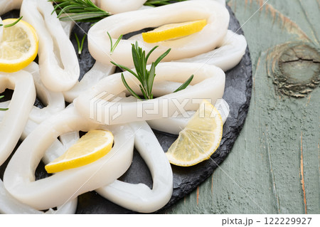 Squid tube and ring photography . Seafood top viewの写真素材 [122229927] - PIXTA